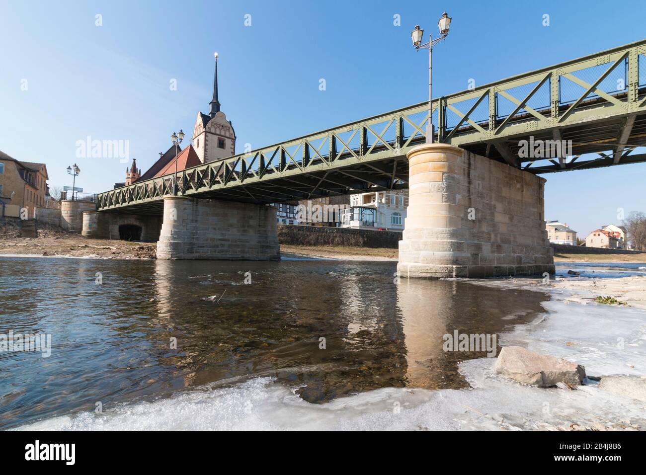 Germany, Thuringia, Gera, Untermhaus with bridge and St. Mary's Church ...