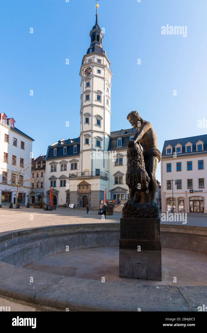 Germany, Thuringia, Gera, Town Hall Tower, Fountain, Gera Stock Photo ...