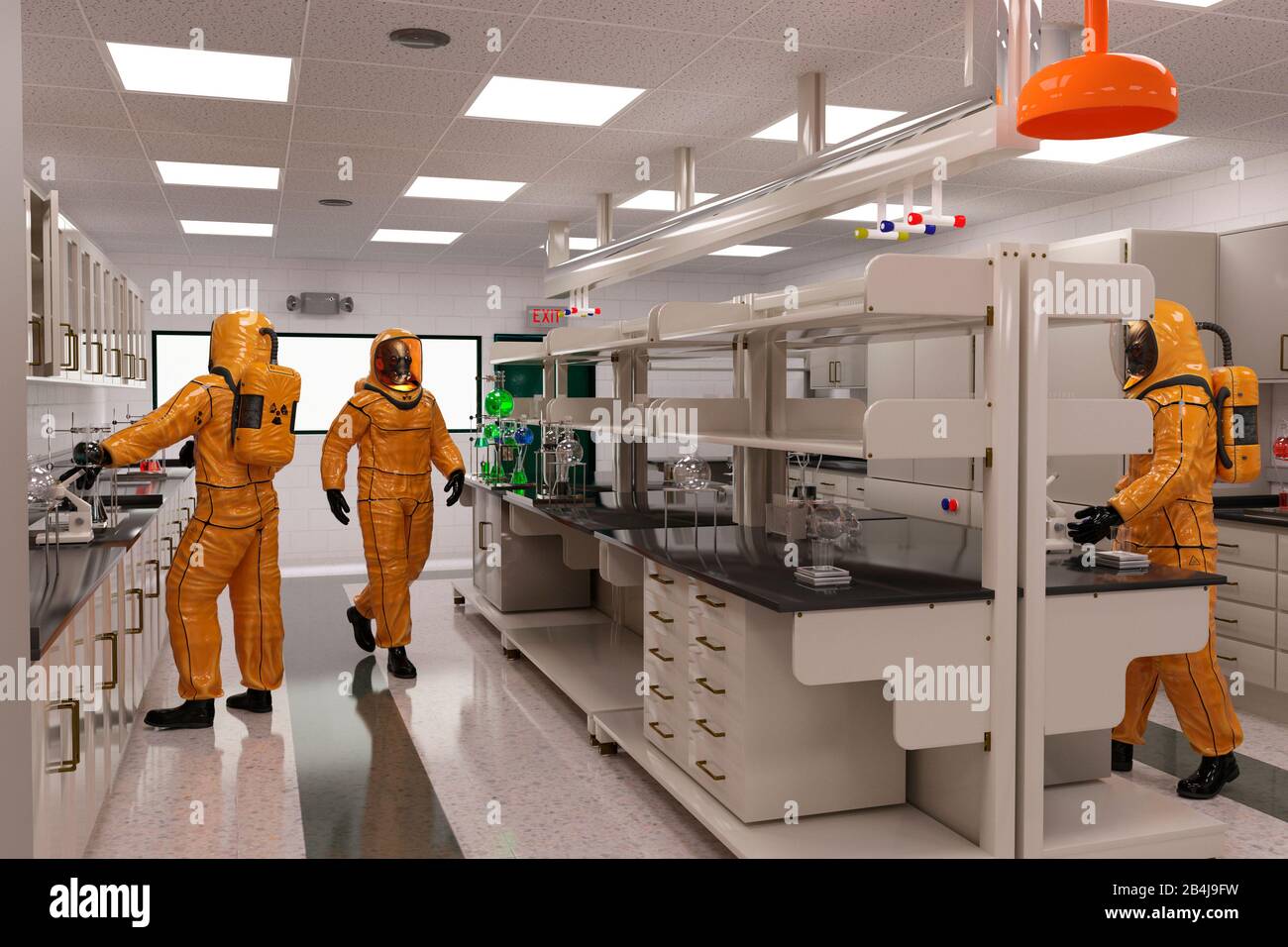 Man in a biohazard suit works in a biolaboratory 3d illustration Stock ...