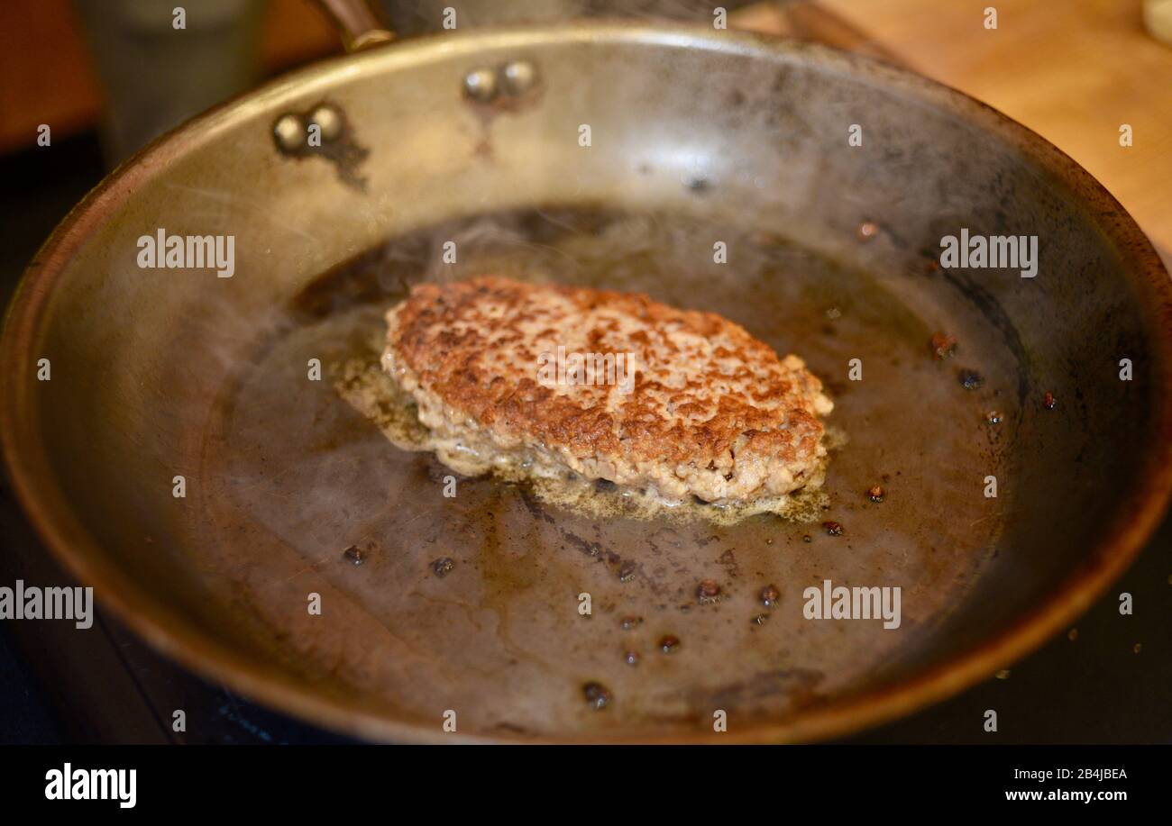 Pan fried, vegan, plant-based protein (fake meat) "pork" patty for ...