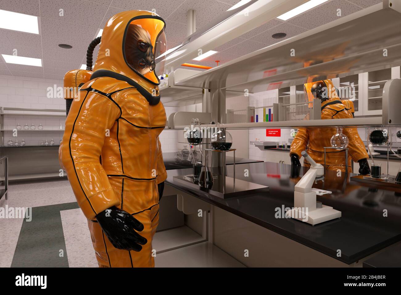 Man in a biohazard suit works in a biolaboratory 3d illustration Stock ...