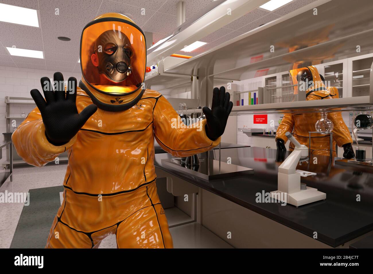 Man in a biohazard suit works in a biolaboratory 3d illustration Stock ...