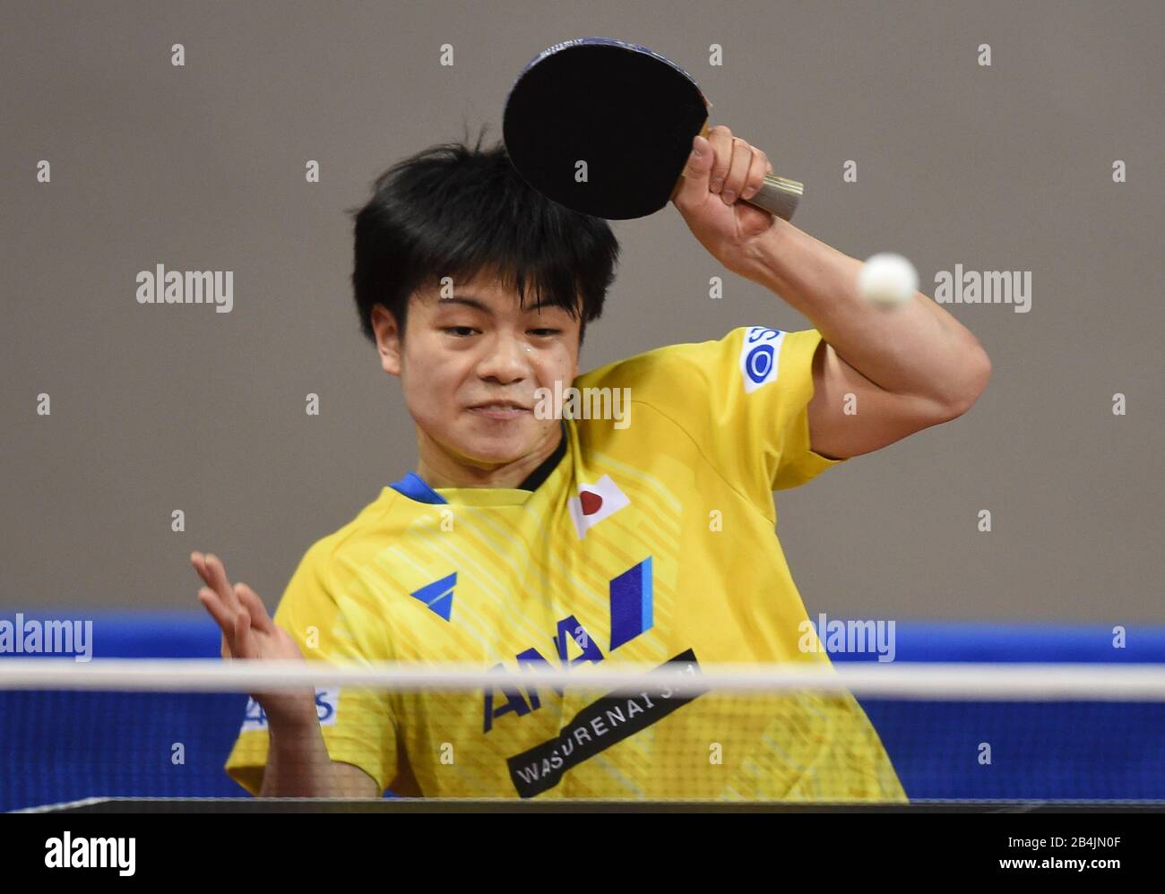 Doha. 6th Mar, 2020. Uda Yukiya of Japan hits a return during the men's ...