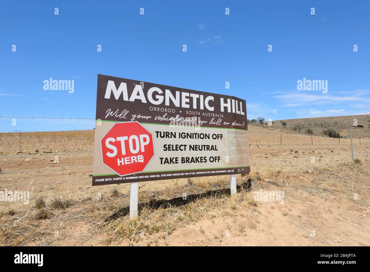 Sign for Magnetic Hill, a tourist attraction near Orroroo, South ...