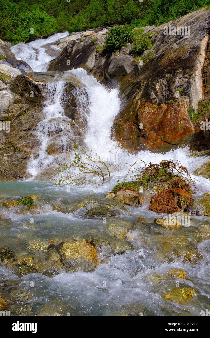 Waterfall at the Alelebach, Zillertal Alps, near Finkenberg, Zillertal ...