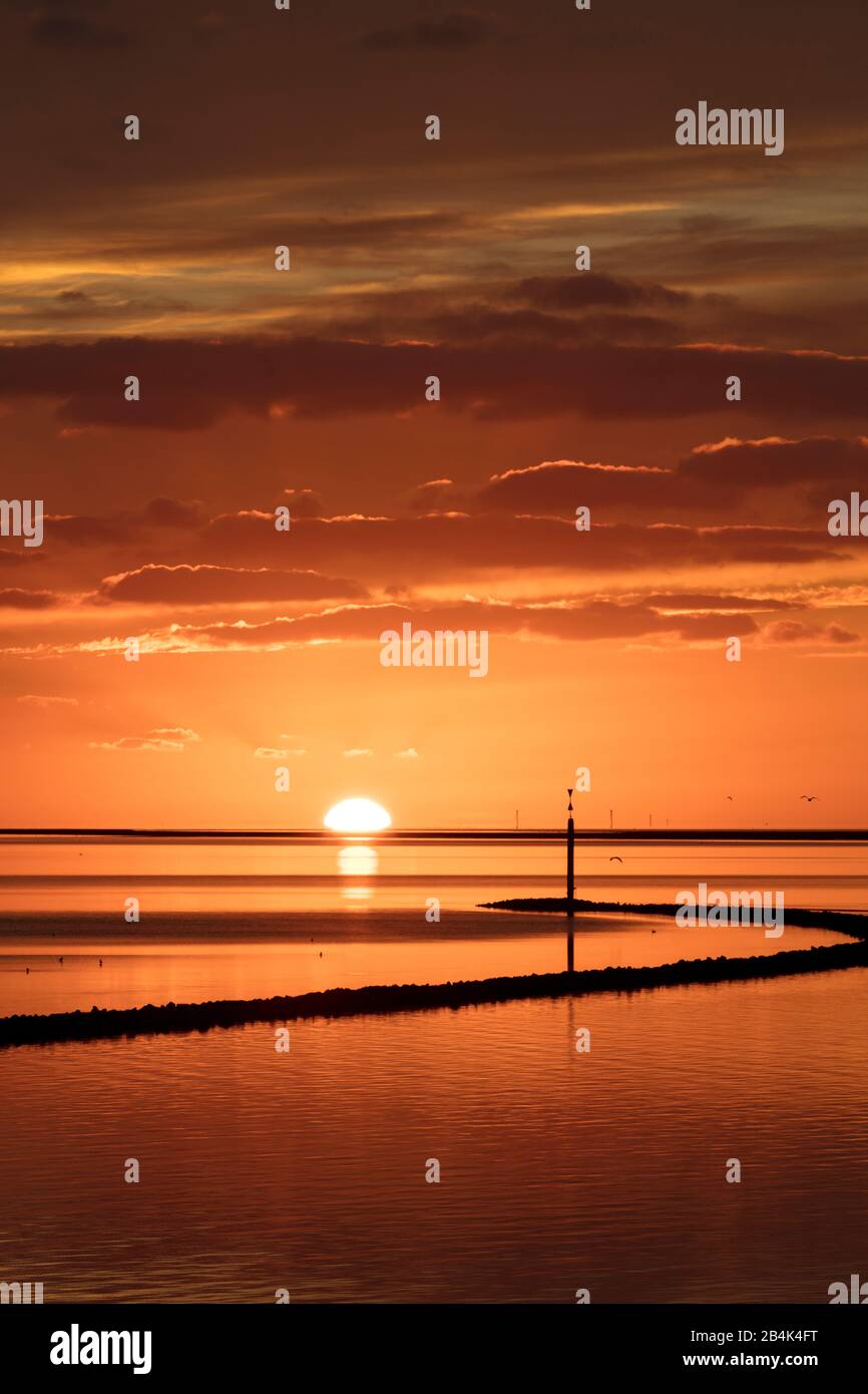 Sunset, evening, dusk, blue hour, Wadden Sea, north dike, north, North ...