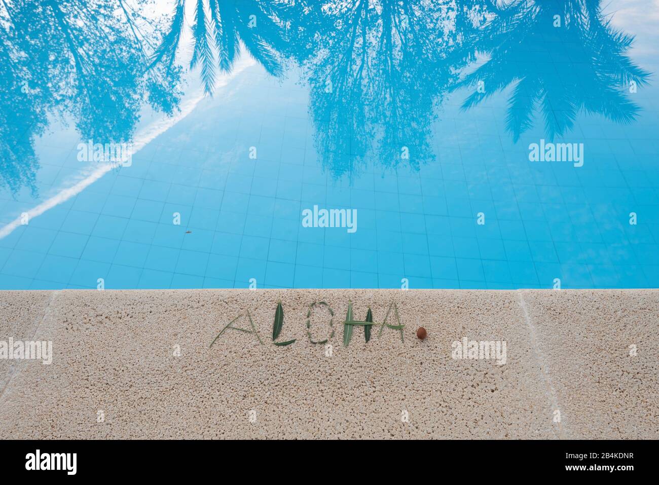 Mallorca, Aloha lettering from olives, leaves and an almond, water of a ...