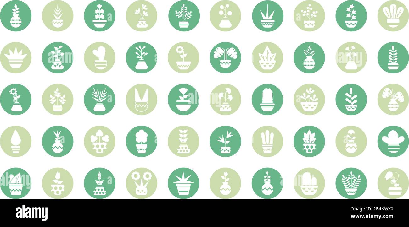 set of icons houseplants with potted, block and flat style icon vector ...