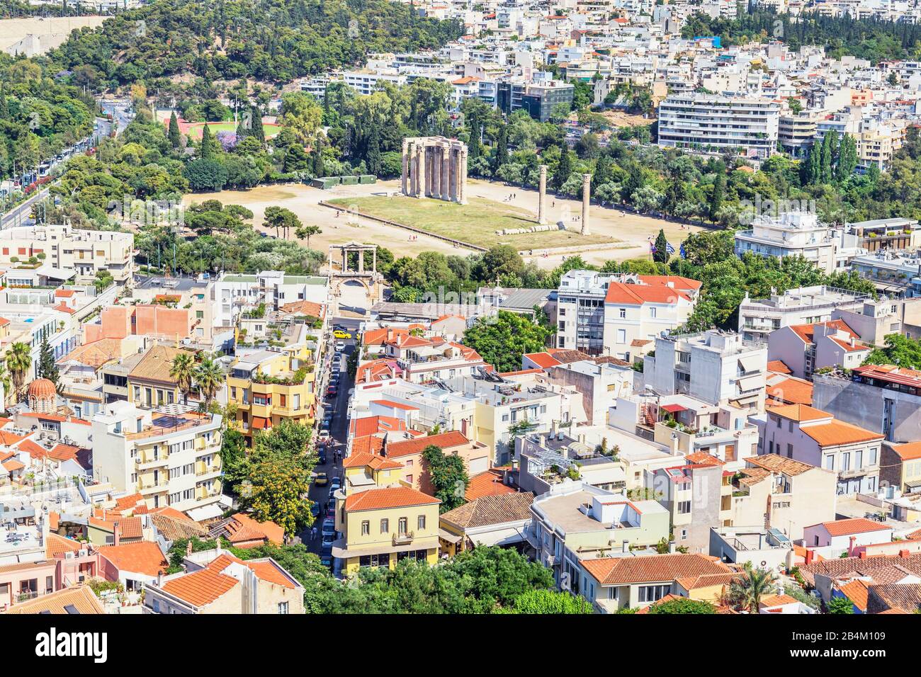 high angle view of Temple of Olympian Zeus, Hadrian's Arch and athens ...