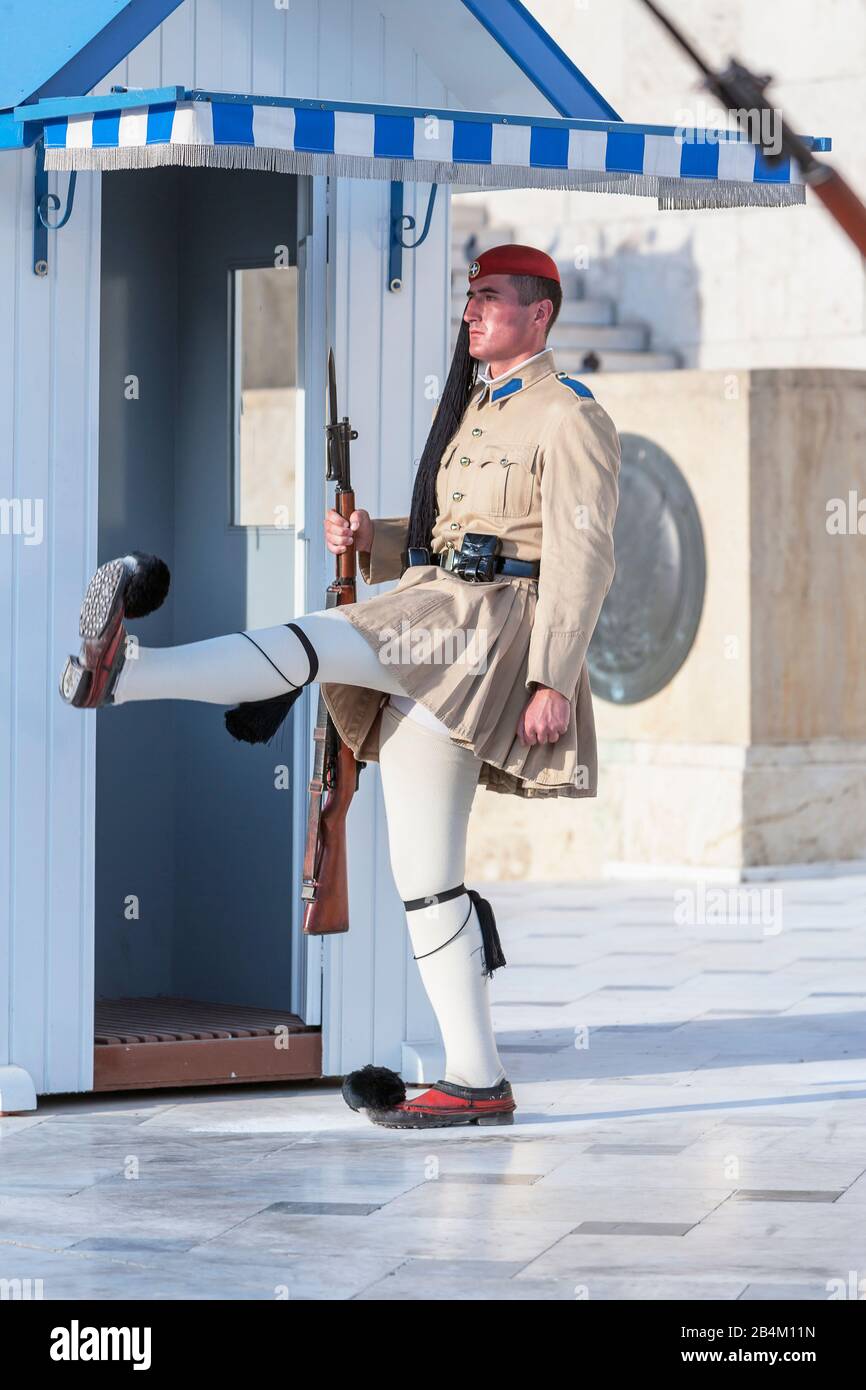 Evzone soldier performing change of guard, Athens, Greece, Europe Stock ...