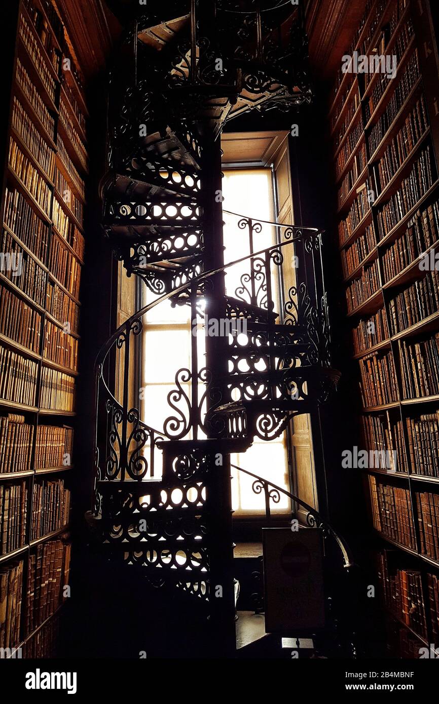 artistically forged spiral staircase in backlight in the library of ...
