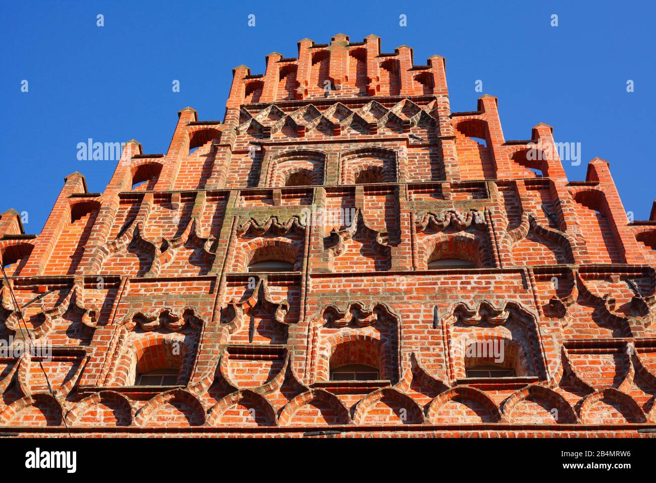 Roof gable, historic house facade, Güstrow, Mecklenburg-West Pomerania ...