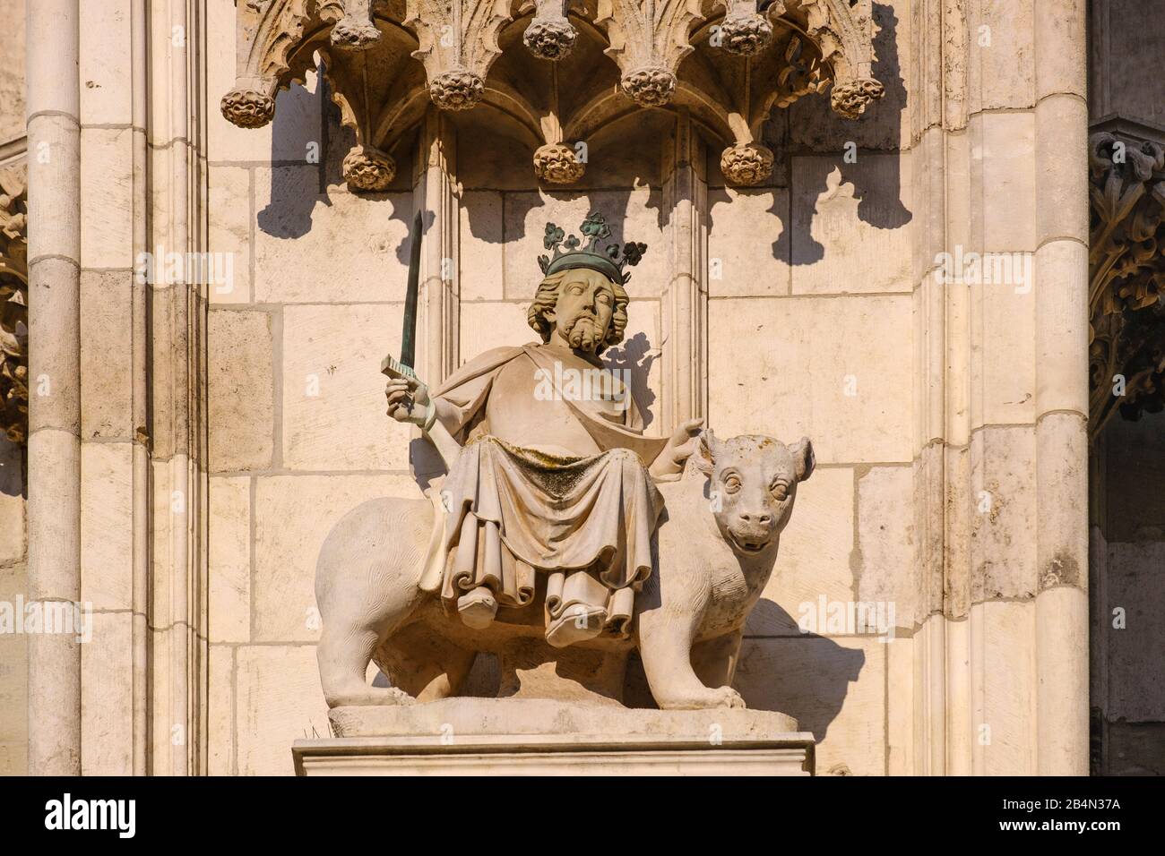 Figure King Cyrus rides the bear, west facade, St. Peter's Cathedral ...