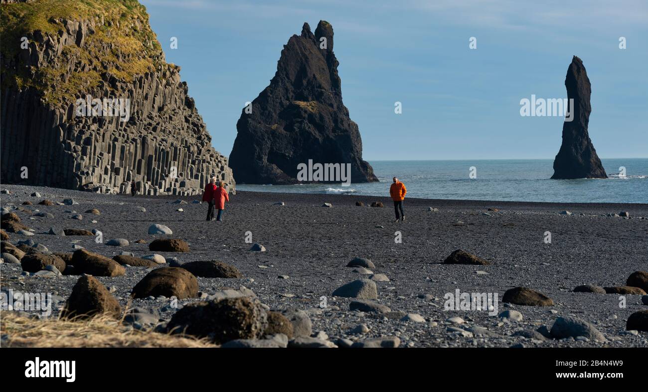 Iceland, Reynisfjara, black sand beach, Reynisdrangar sea peaks Stock ...