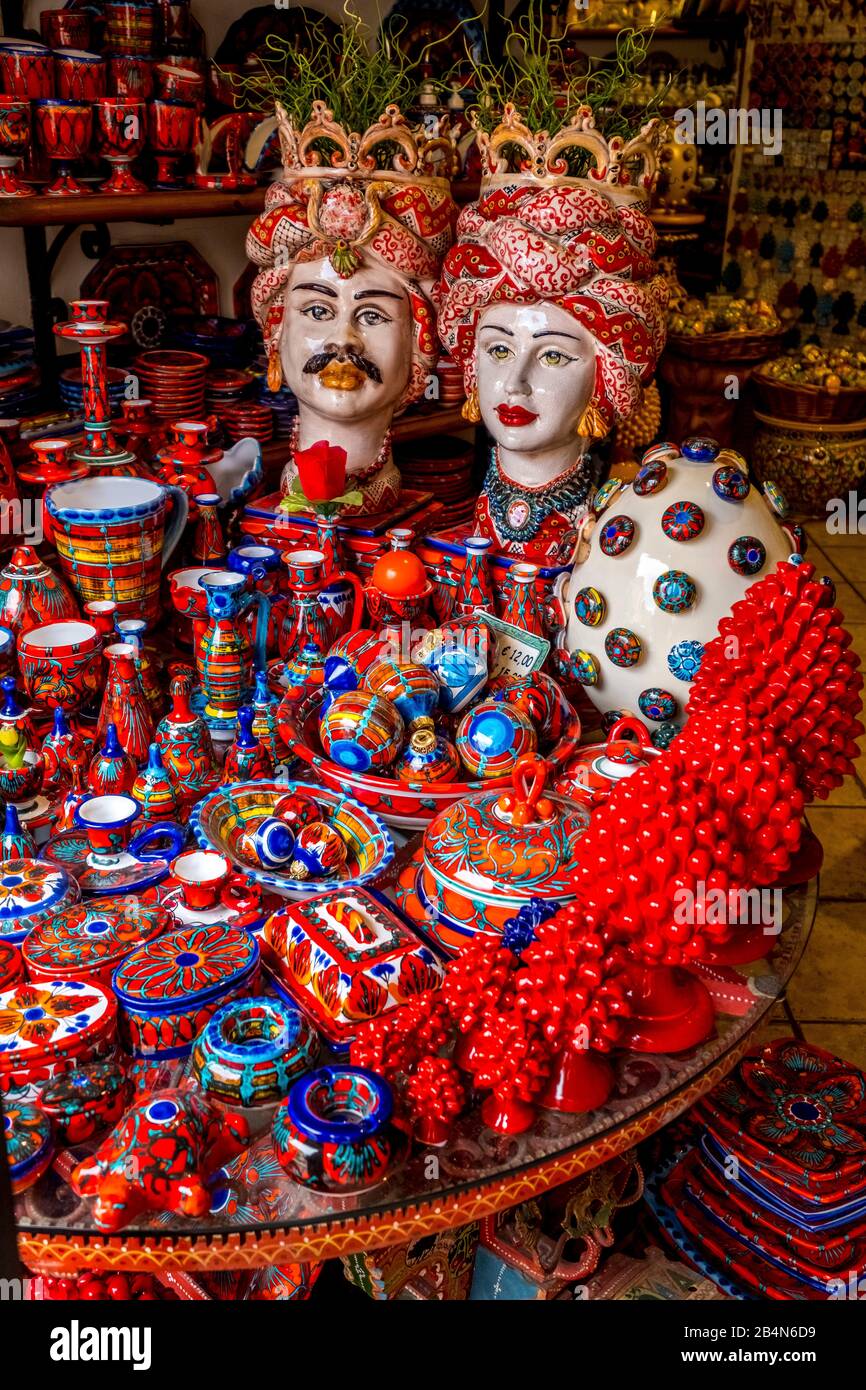 Colorfully decorated ceramic faces, Taormina, Southern Italy, Europe ...