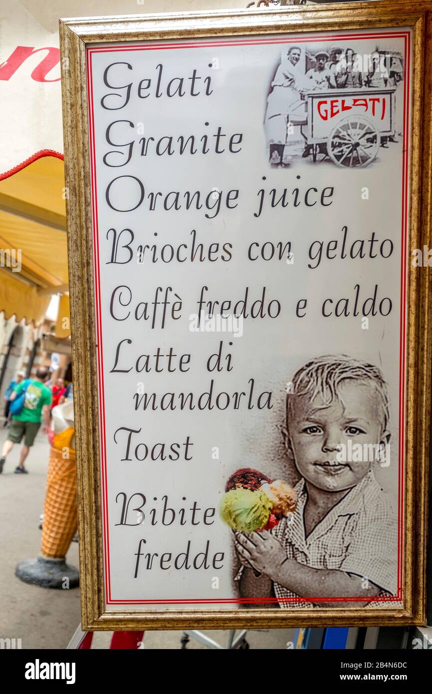 Ice cream shop sign and drinks, Taormina, Southern Italy, Europe ...