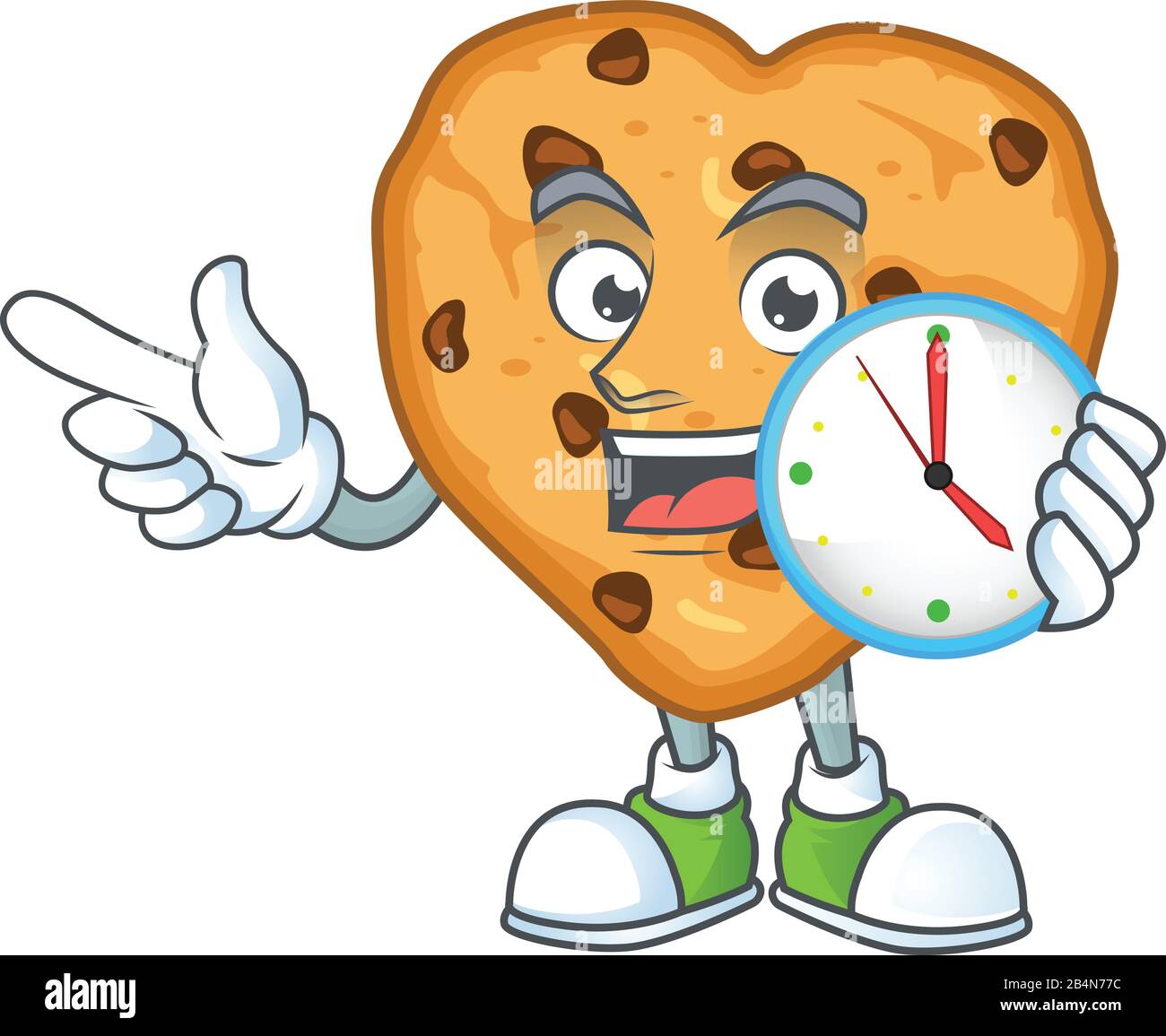 cartoon character style of cheerful chocolate chips love with clock ...