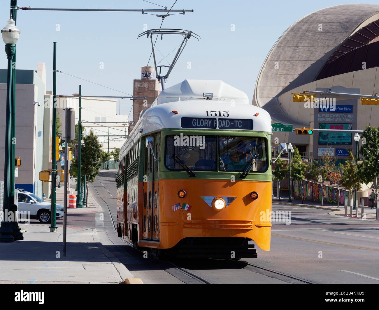 Vintage streetcar (tram) passing convention center (congress Stock ...