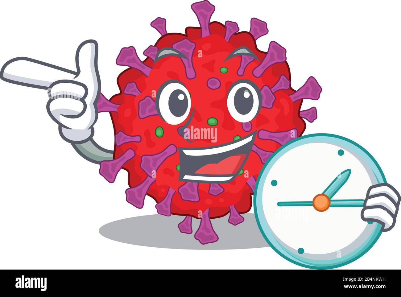 Cheerful coronavirus particle cartoon character style with clock Stock ...