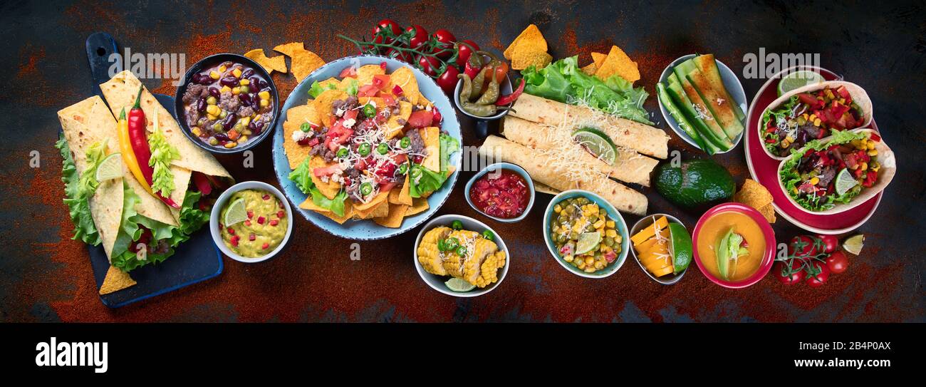 Traditional Mexican food mix on dark background. Top view Panorama ...