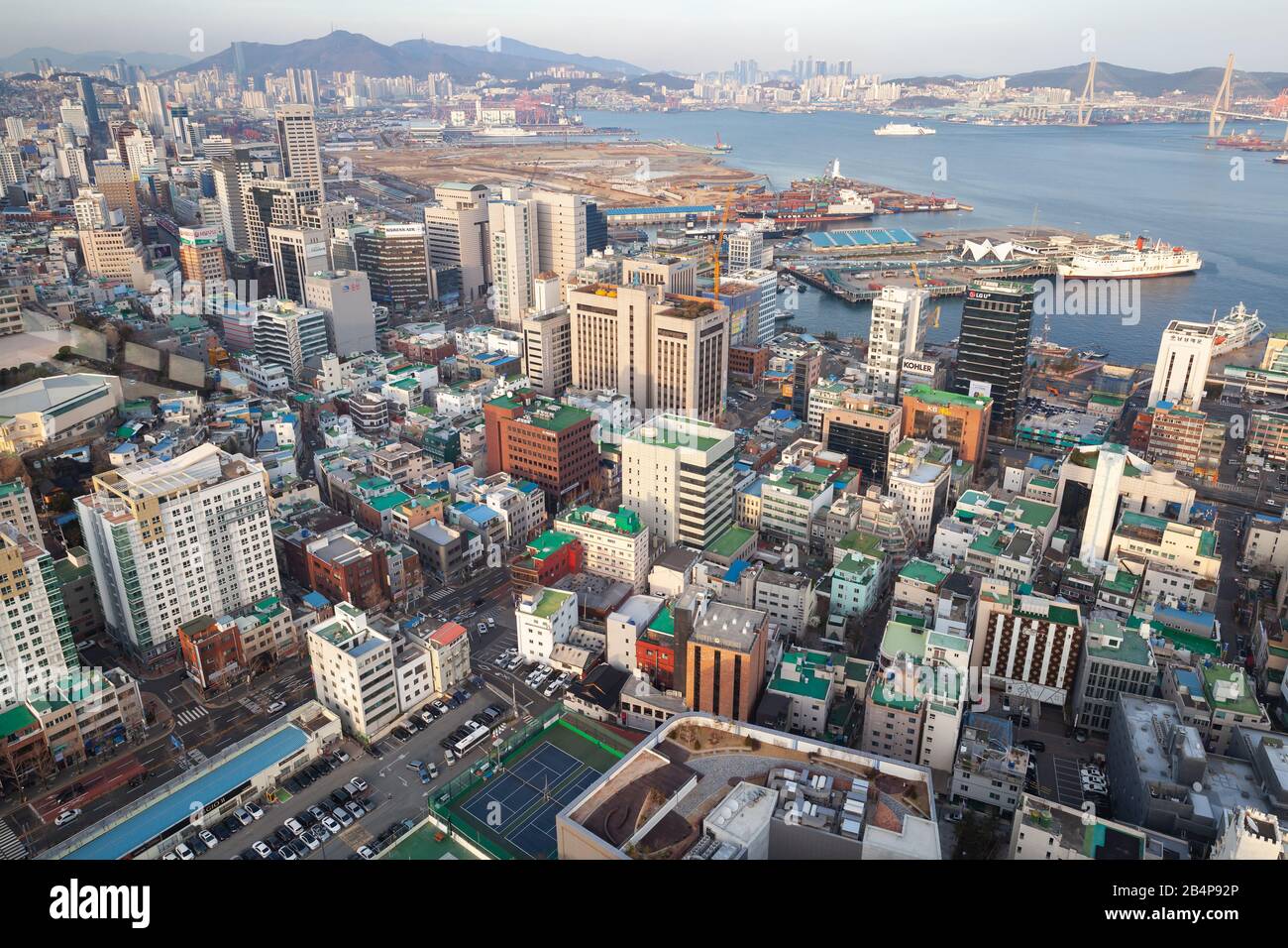 Busan, South Korea - March 14, 2018: Coastal cityscape of Busan, bird ...