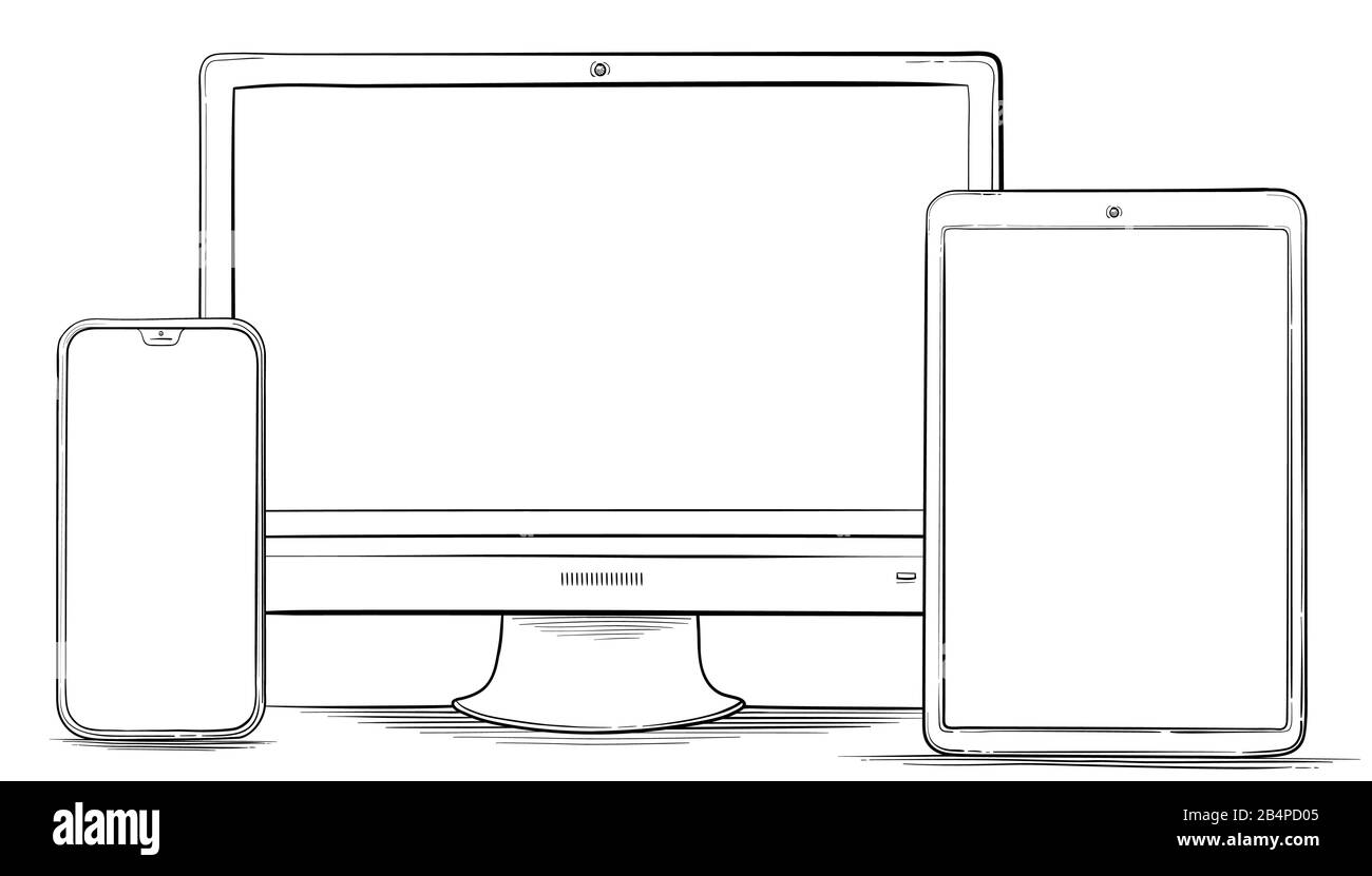 Hand Drawn Mobile Phone, Tablet PC and Computer Monitor Vector ...