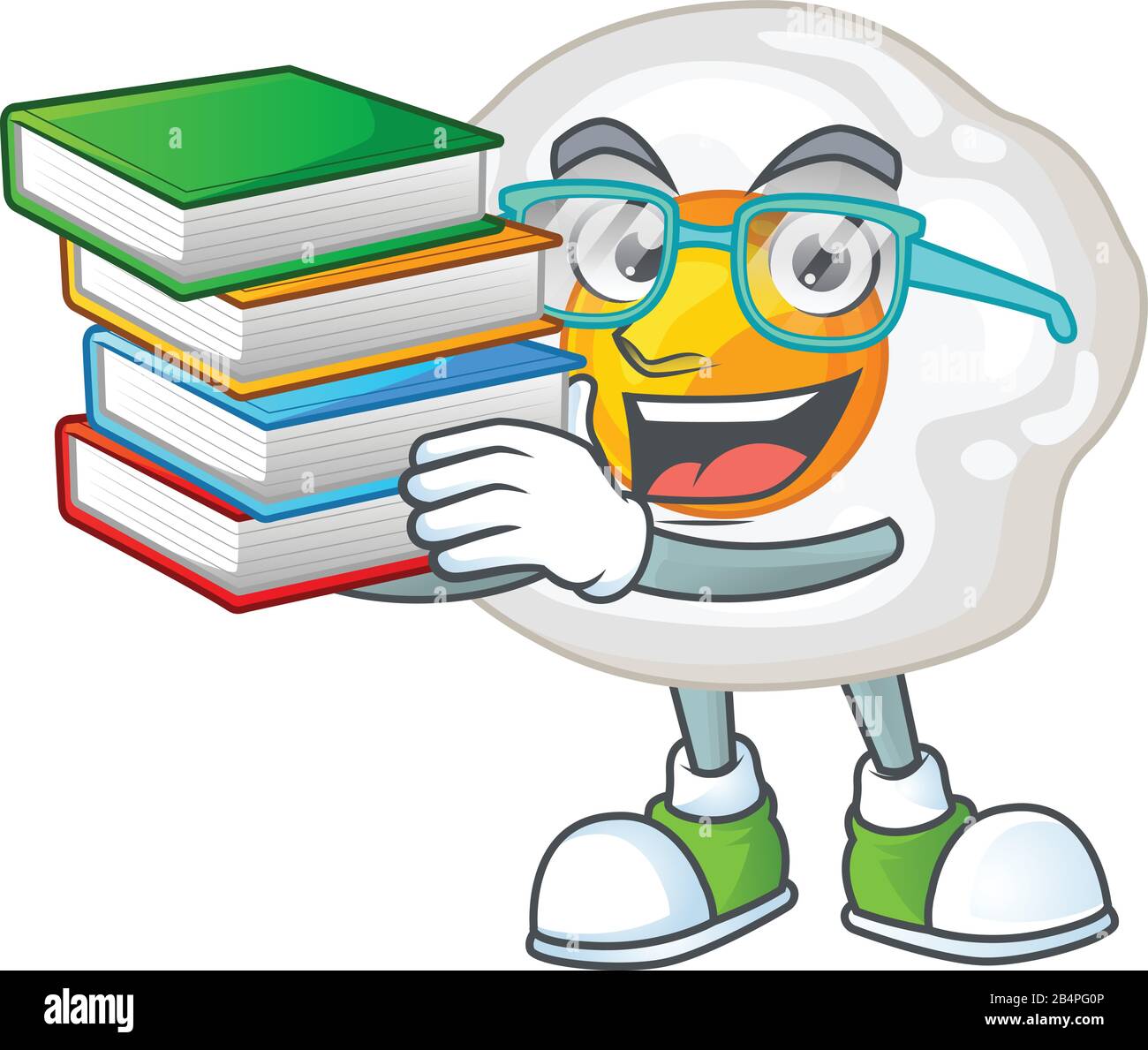A hard-working student in fried egg cartoon design with book Stock ...