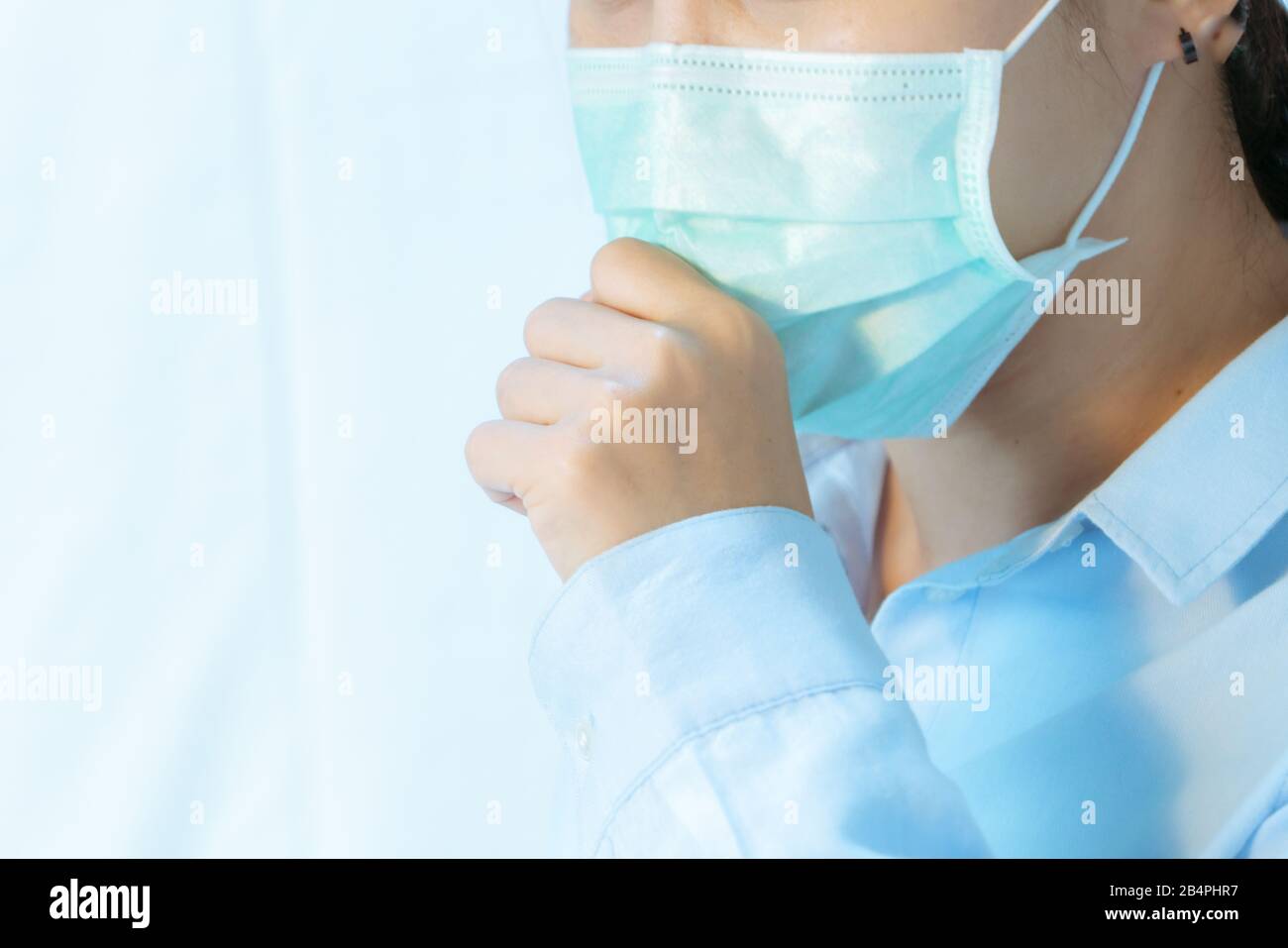 woman cough with face mask protection, Coronavirus, air pollution ...