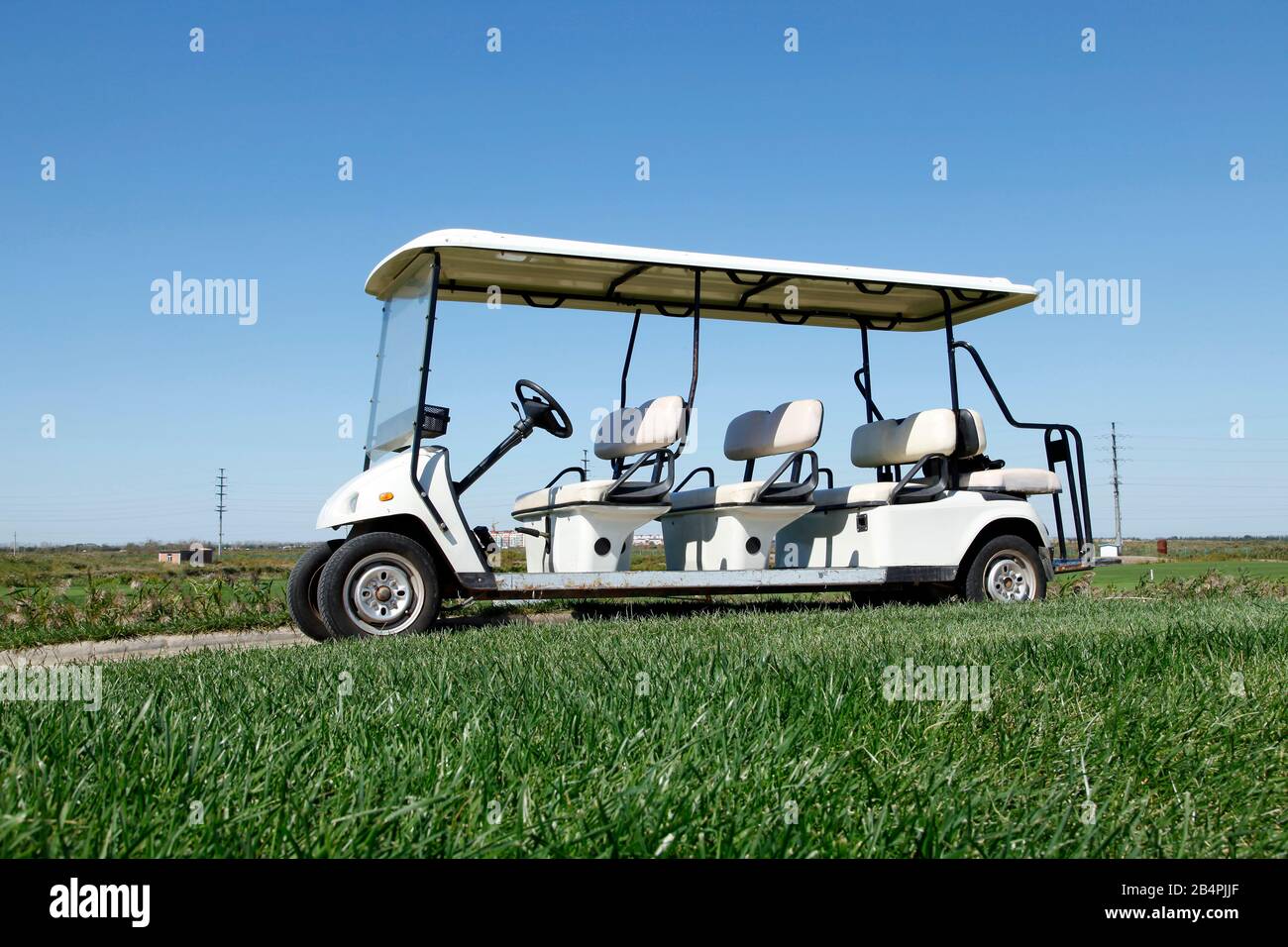White golf carts at the green golf course Stock Photo - Alamy