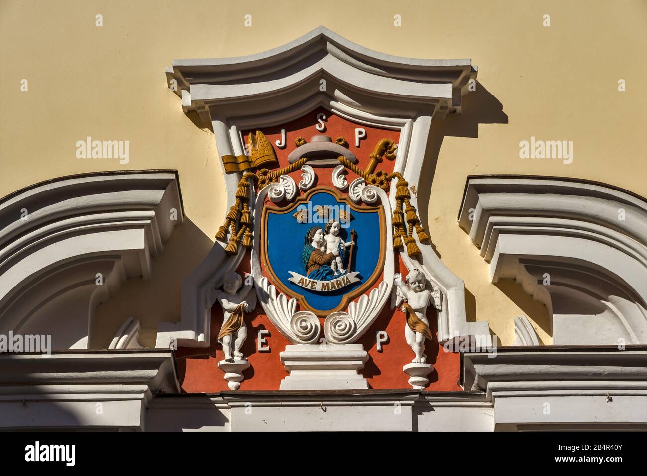 Mary and Jesus shield at facade of Cathedral Basilica of Virgin Mary ...