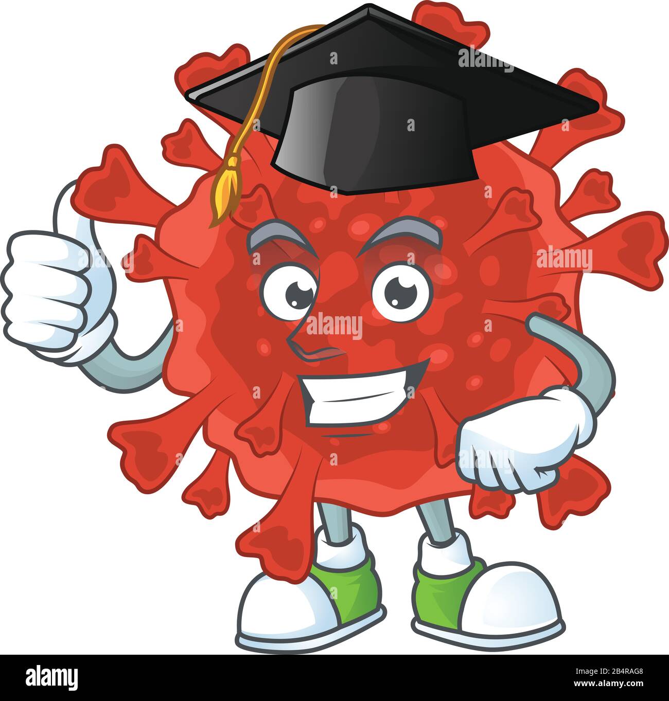 Happy face of red corona virus in black graduation hat for the ceremony ...