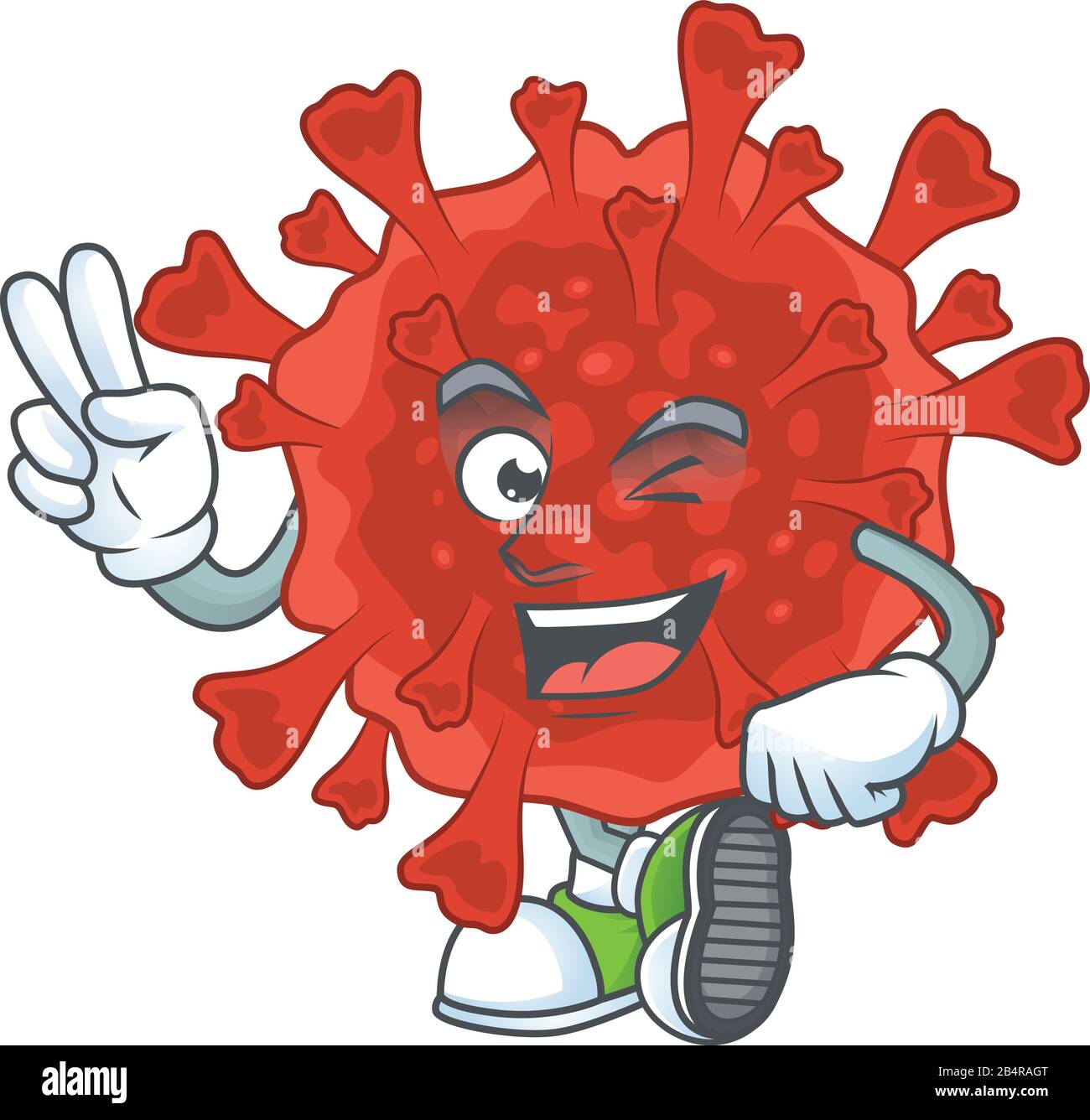 A joyful red corona virus mascot design showing his two fingers Stock ...