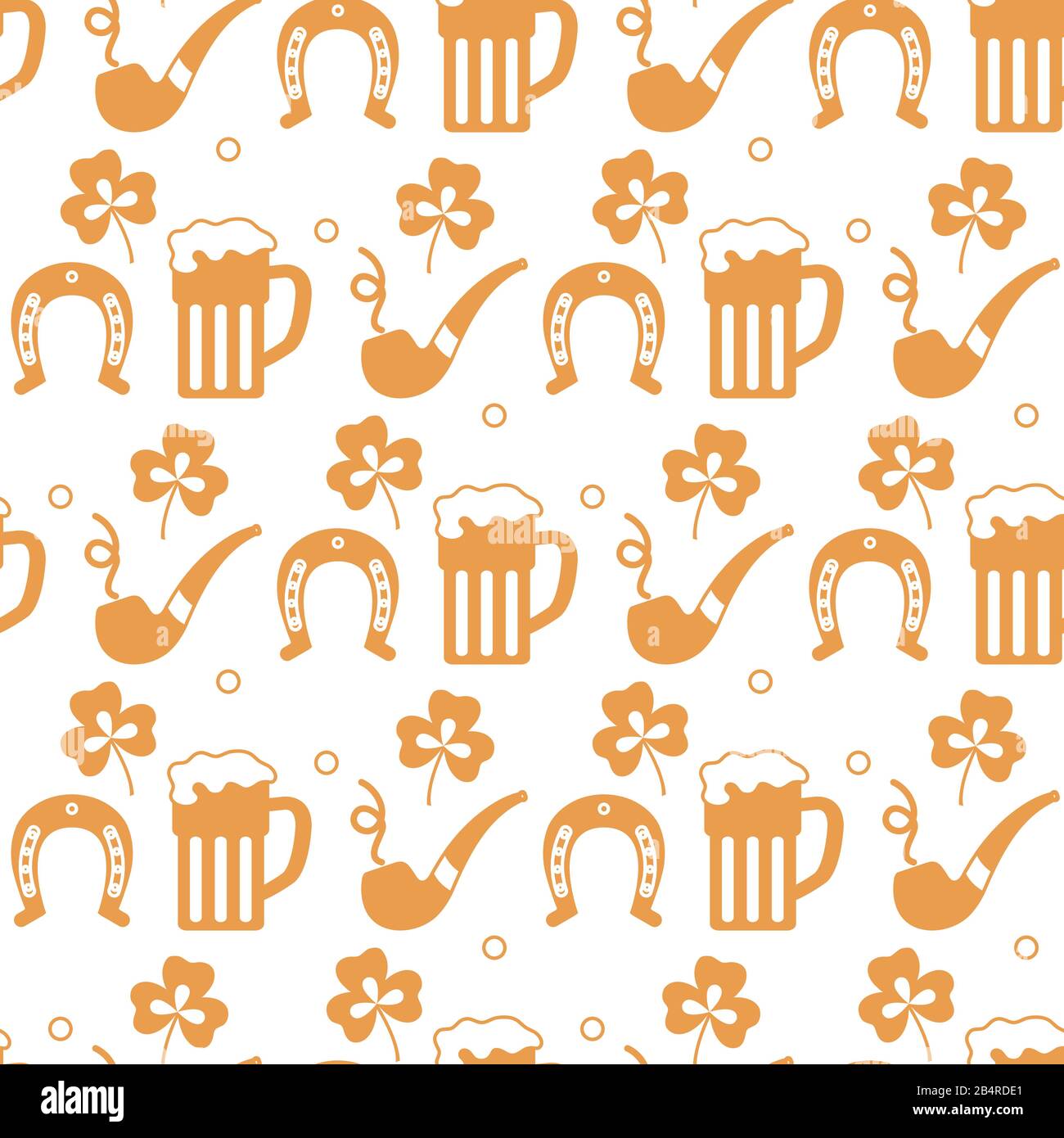 Seamless pattern with clover leaves, beer mug, horseshoe, smoking pipe ...