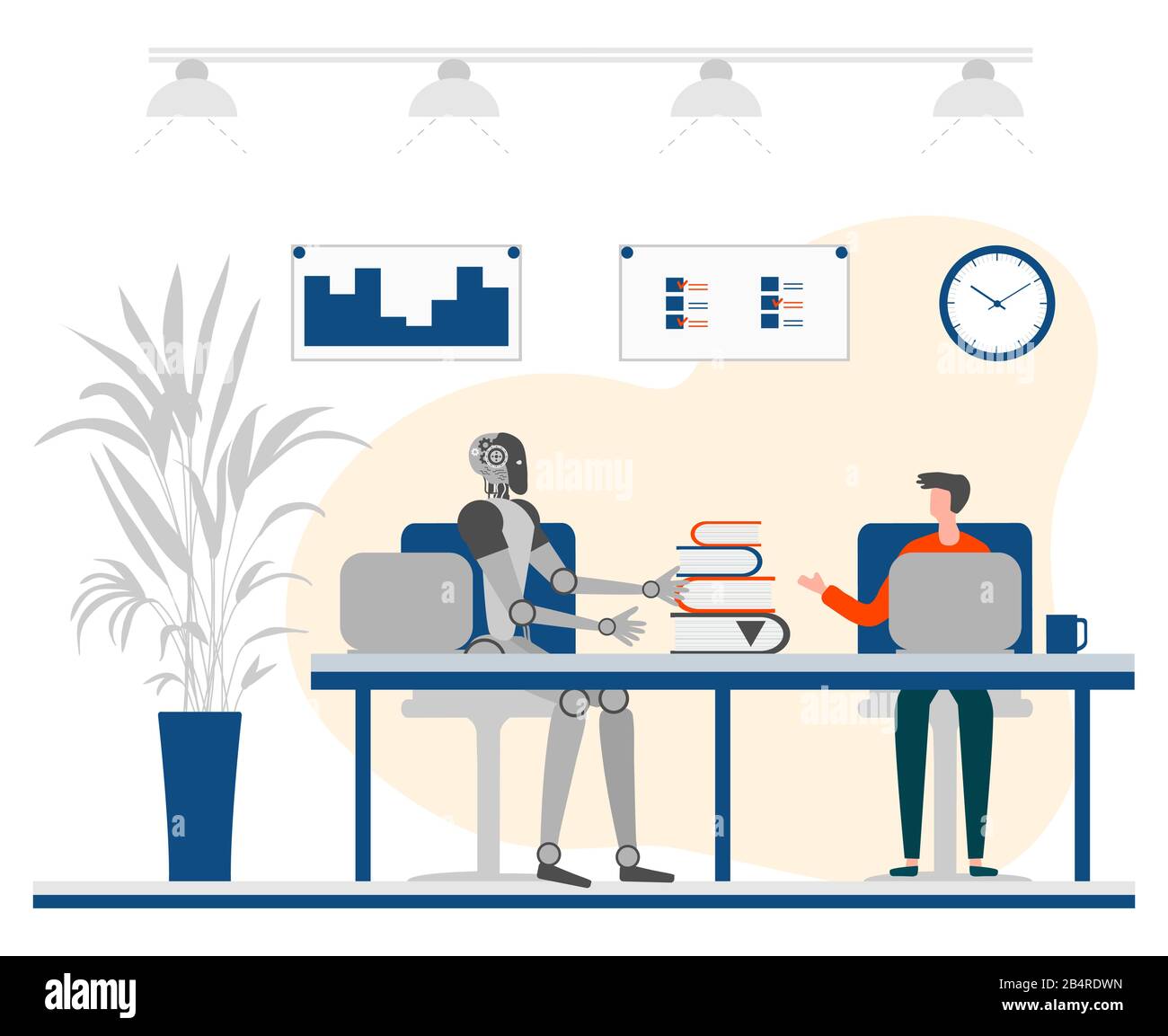 Vector illustration Robot, human teamwork. Partnership with robot ...