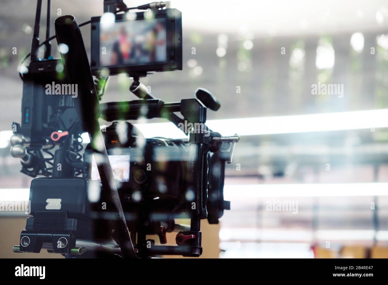 Film industry. Filming with professional camera background Stock Photo ...