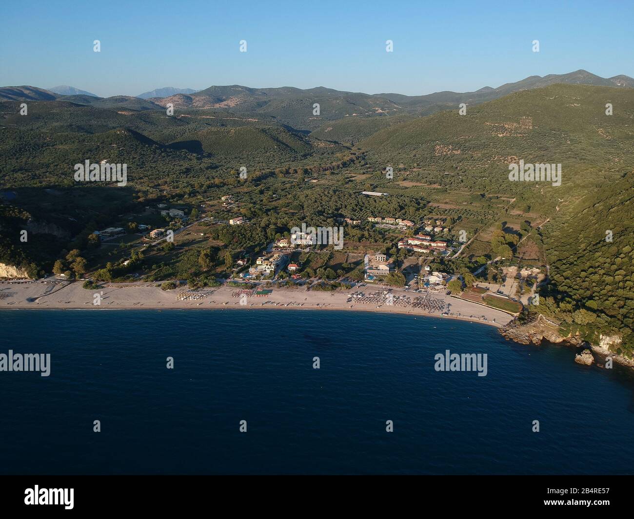 aerial view caribean beach karavostasi of perdika town in greece epirus ...
