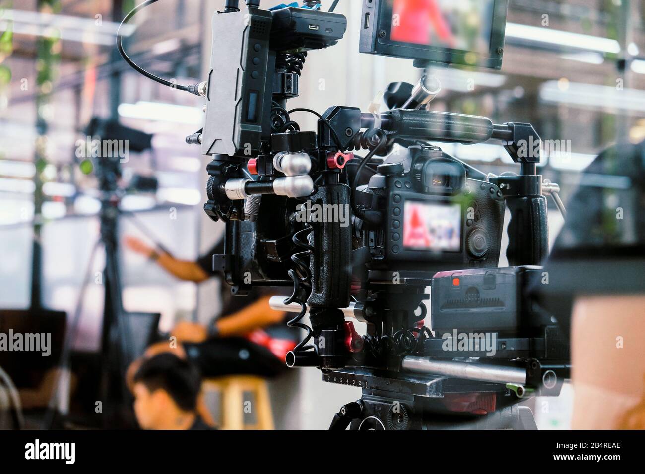 Film industry. Filming with professional camera background Stock Photo ...