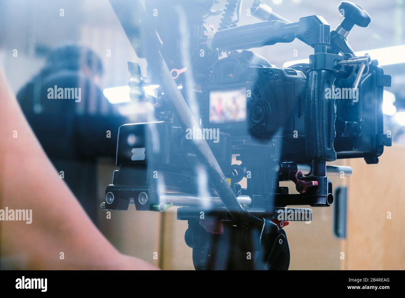 Film industry. Filming with professional camera background Stock Photo ...