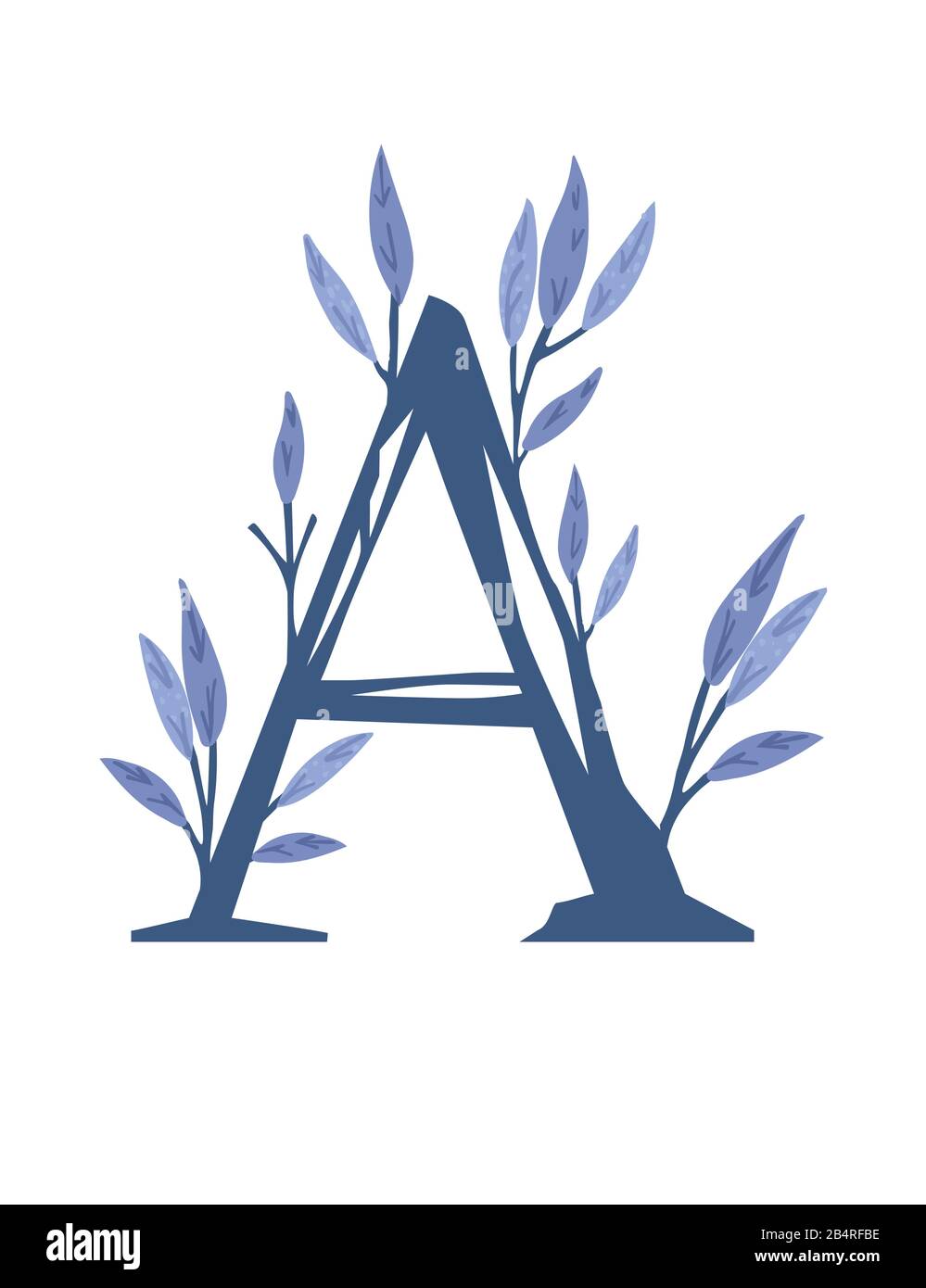 Letter A hand drawn tree branches with leaves botanical flowers floral ...