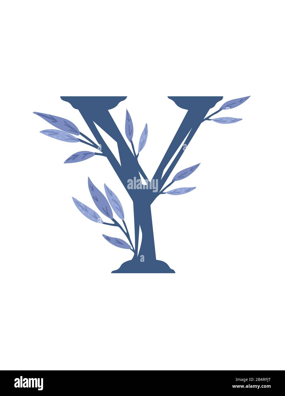 Letter Y hand drawn tree branches with leaves botanical flowers floral ...