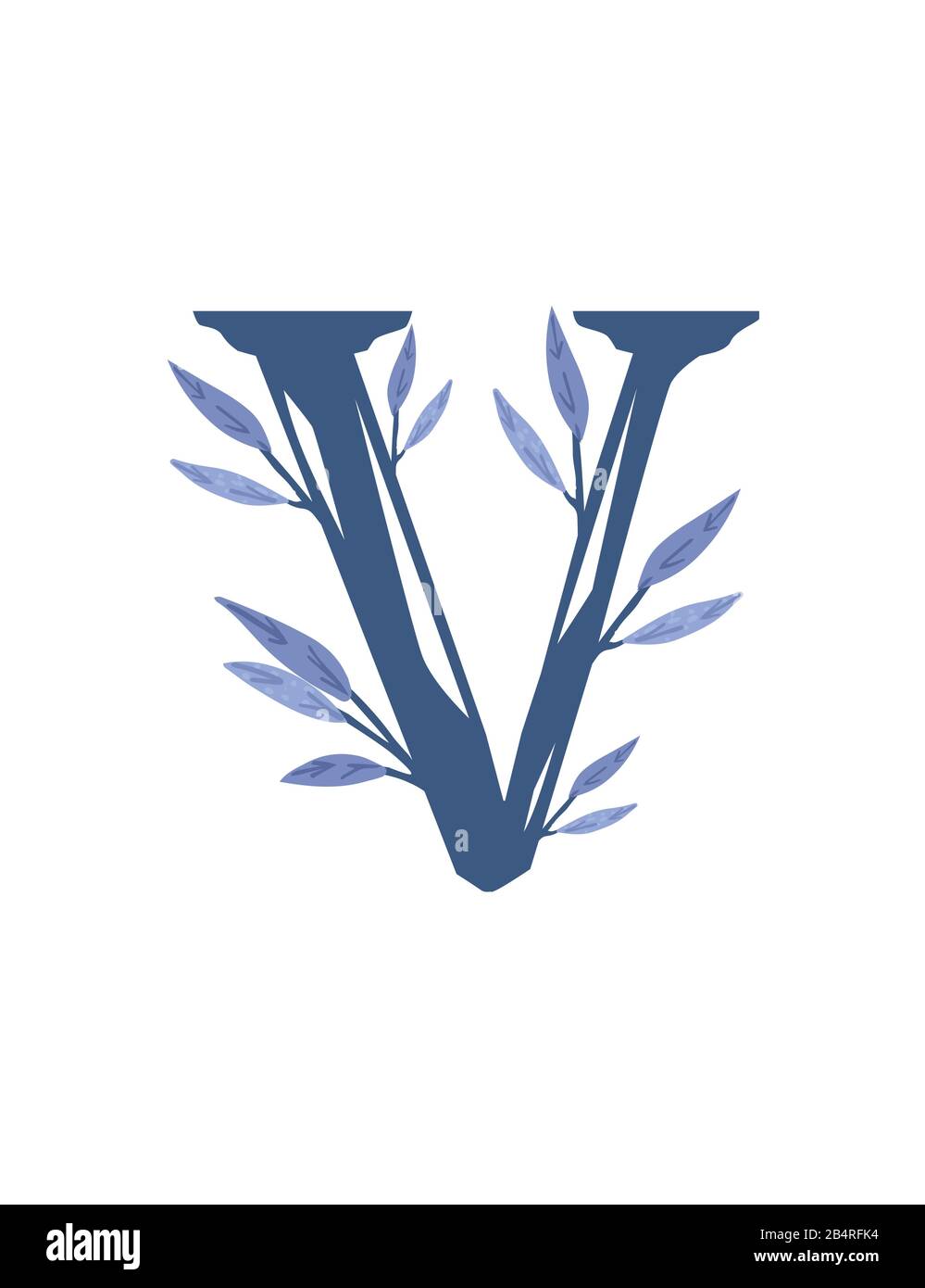Letter V hand drawn tree branches with leaves botanical flowers floral ...