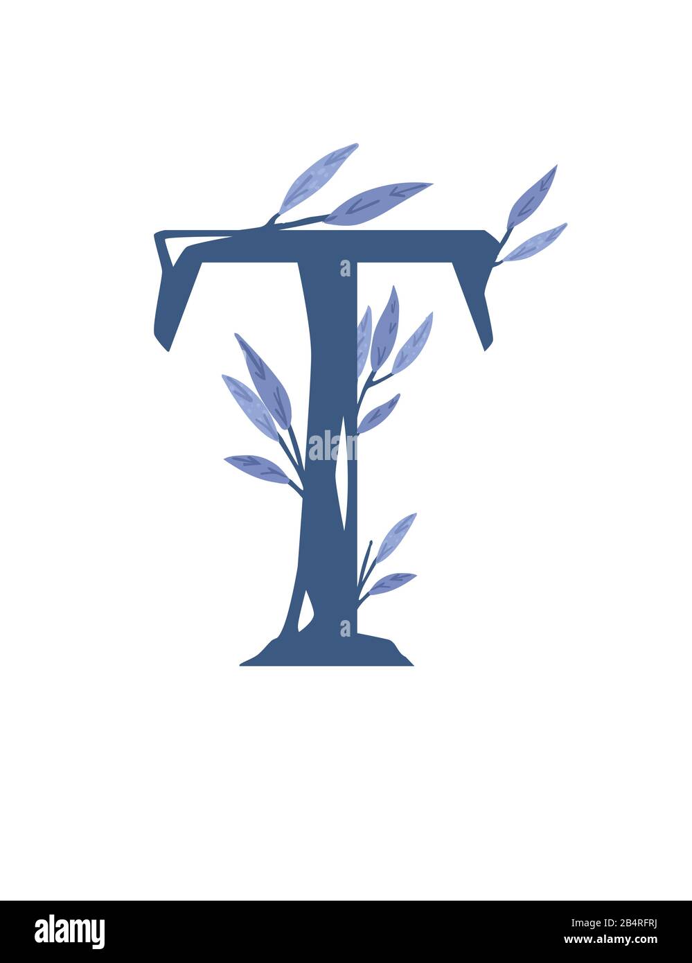 Letter T hand drawn tree branches with leaves botanical flowers floral ...