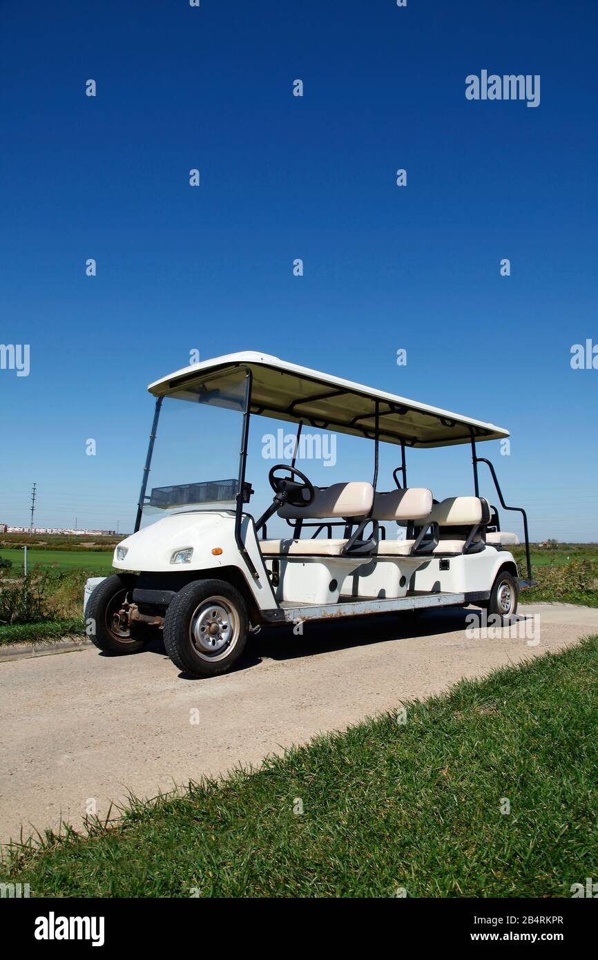 White golf carts at the green golf course Stock Photo - Alamy