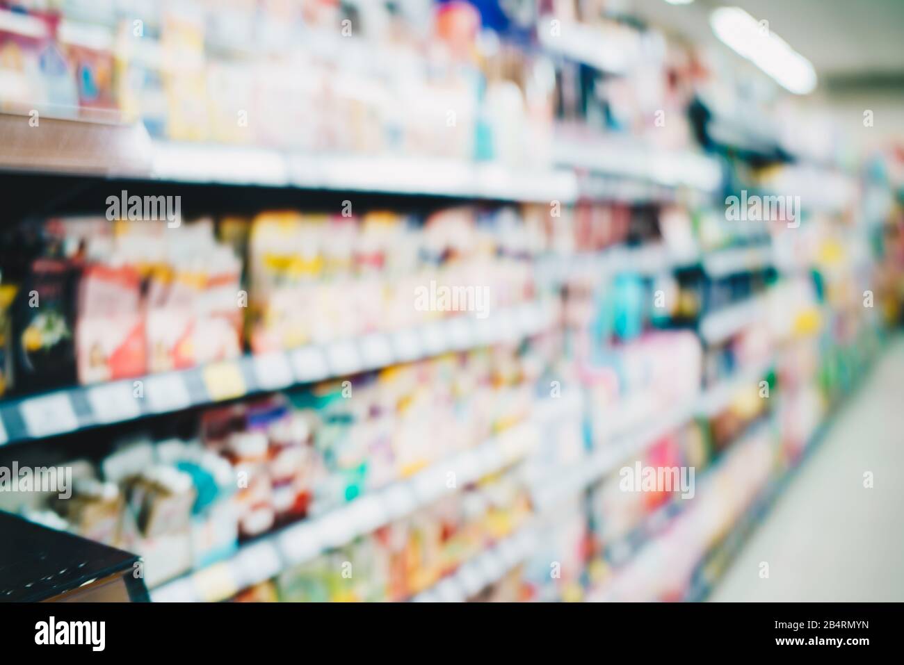 Abstract blurred food and drink on shelf in supermarket with bokeh ...