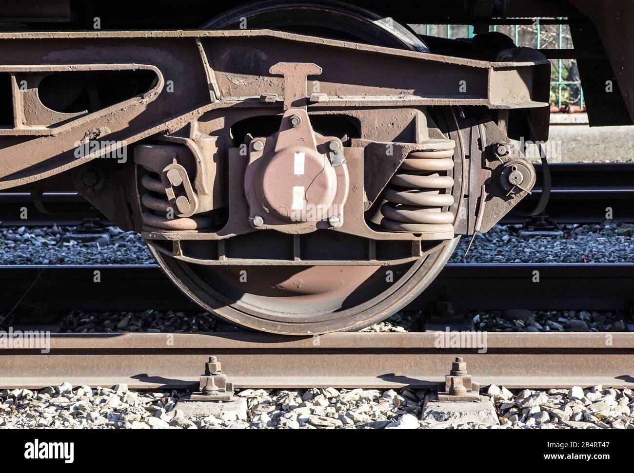Wheel pair from a freight car on rails. Wheel system with springs Stock ...