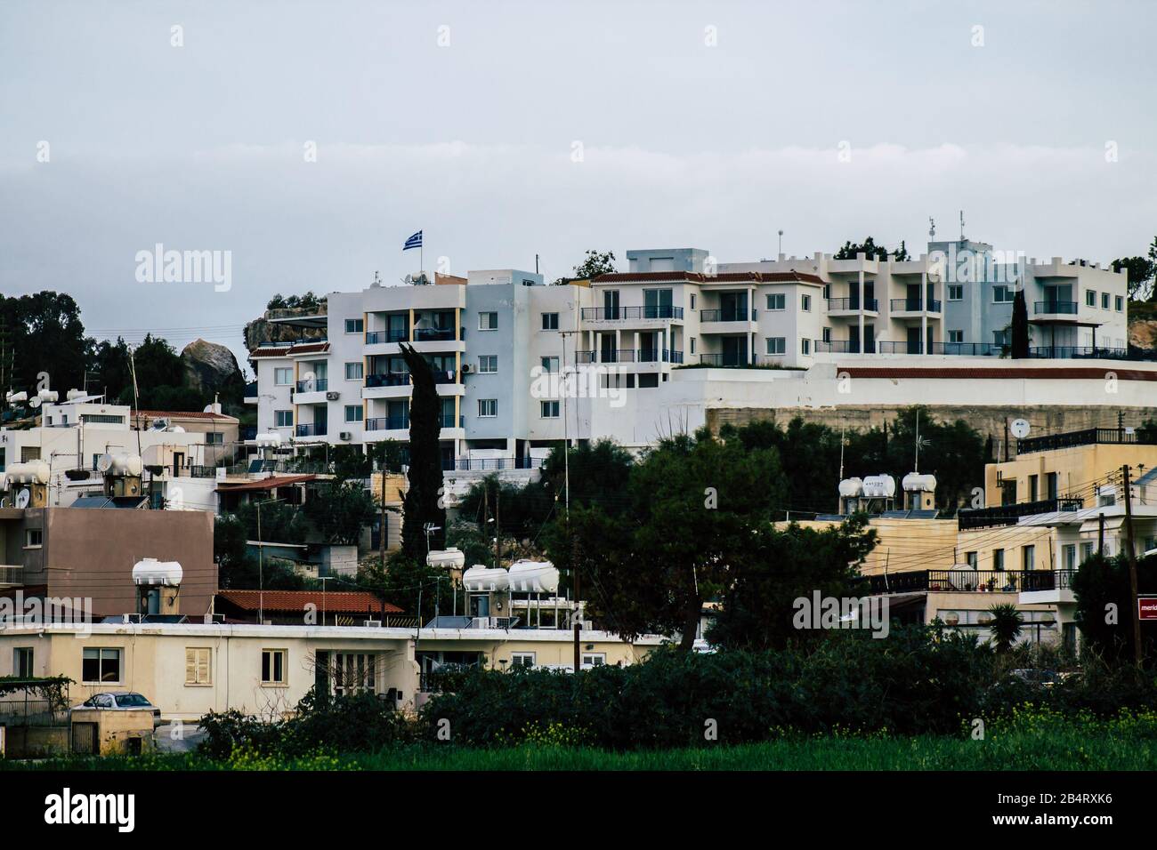 Paphos Cyprus March 06, 2020 View of a facade of a building in the ...
