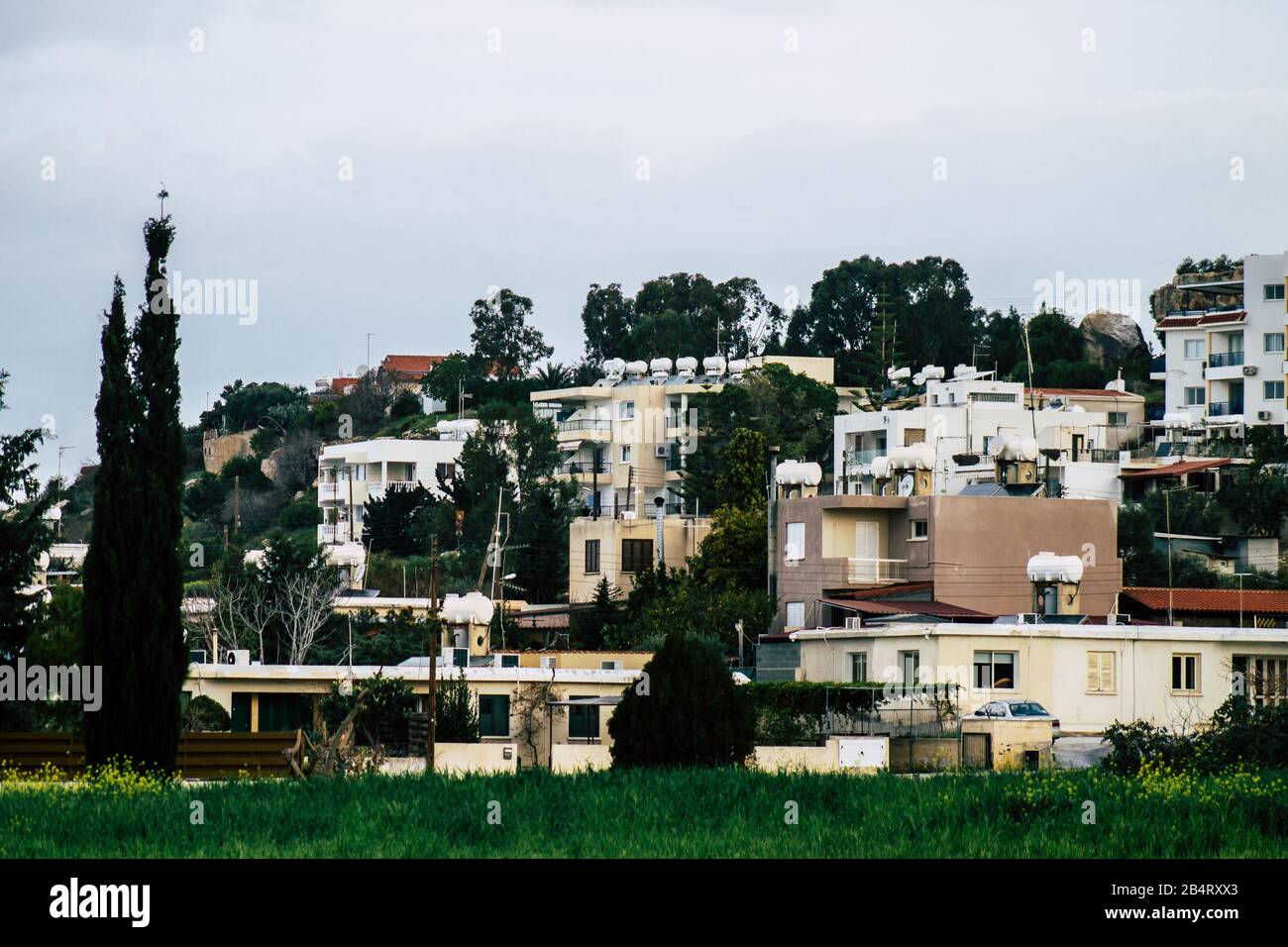 Paphos Cyprus March 06, 2020 View of a facade of a building in the ...