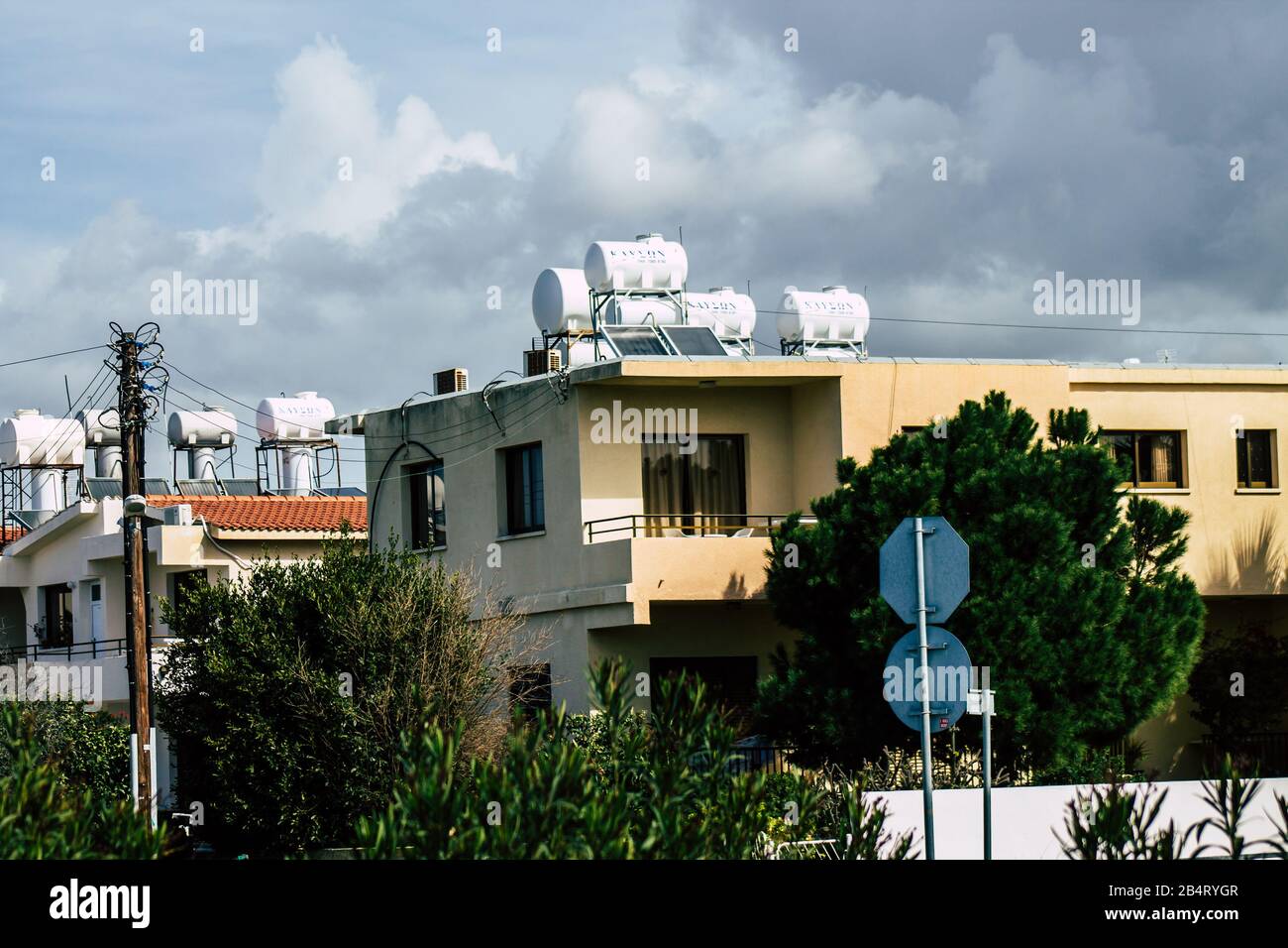 Paphos Cyprus March 06, 2020 View of a facade of a building in the ...