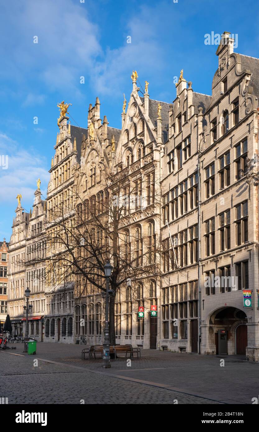 ANTWERP, BELGIUM - FEBRUARY 6, 2020: Old buildings around the Grote ...