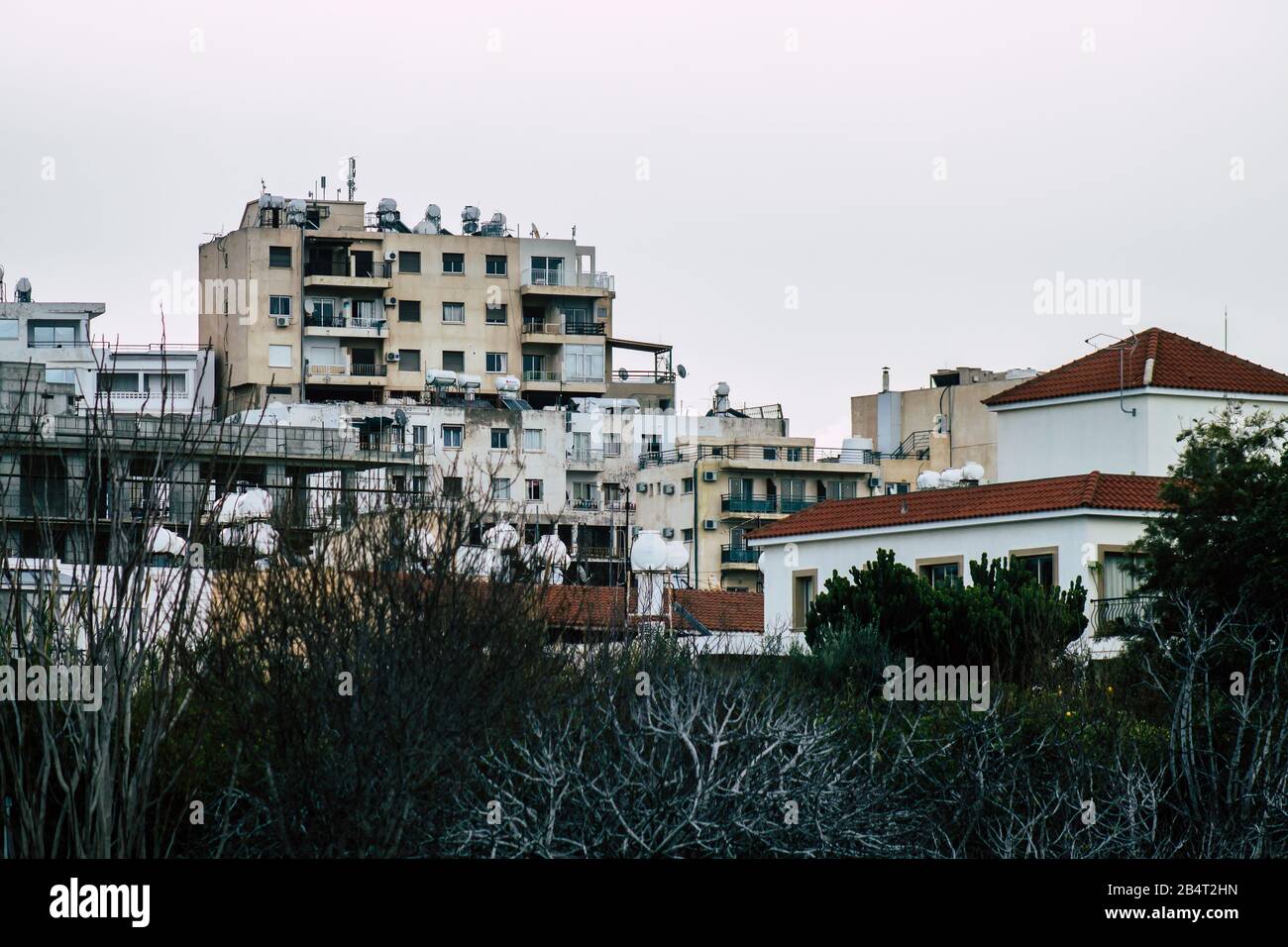 Paphos Cyprus March 06, 2020 View of a facade of a building in the ...